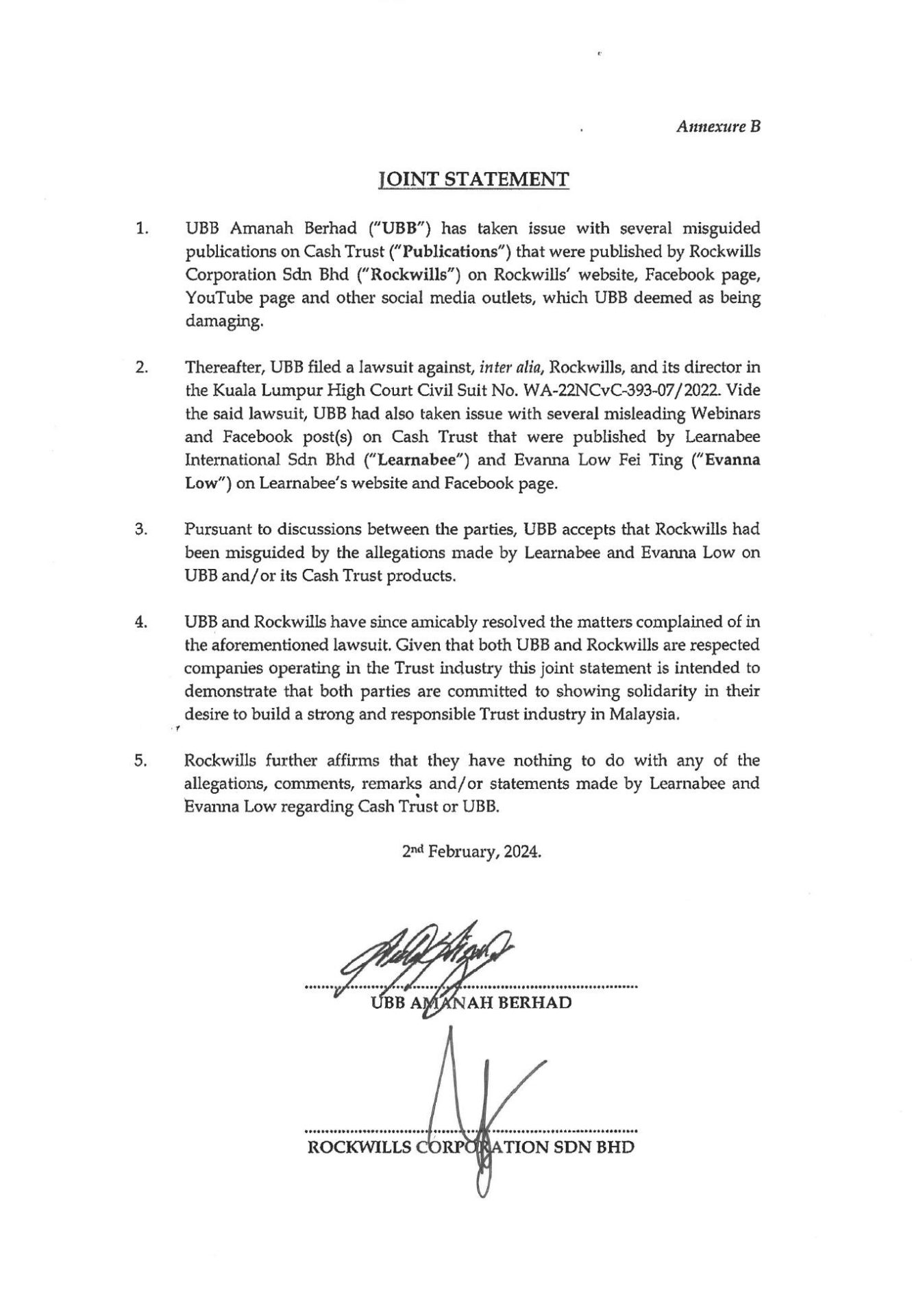 Joint Statement 2024 | UBB Amanah Berhad